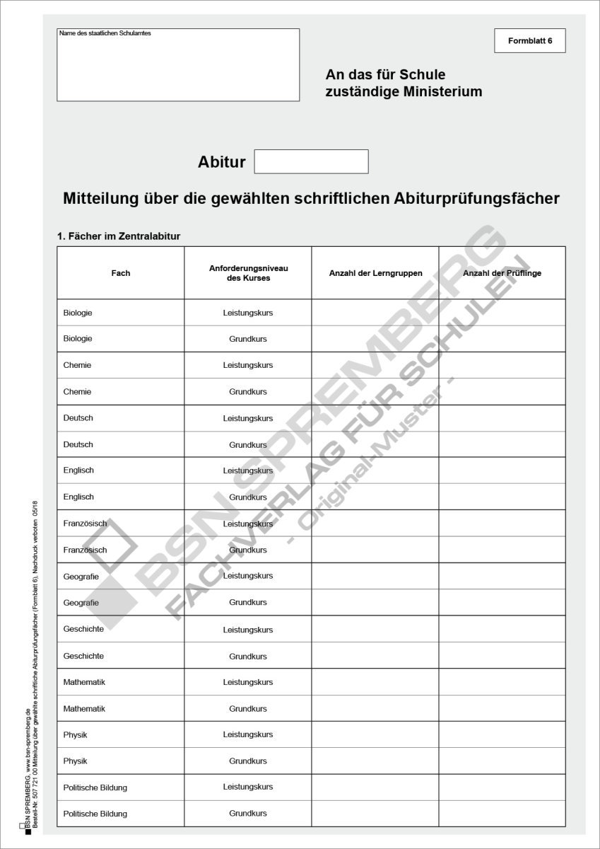 Mitteilung über die gewählten schriftl. Abiturprüfungsfächer - 507721