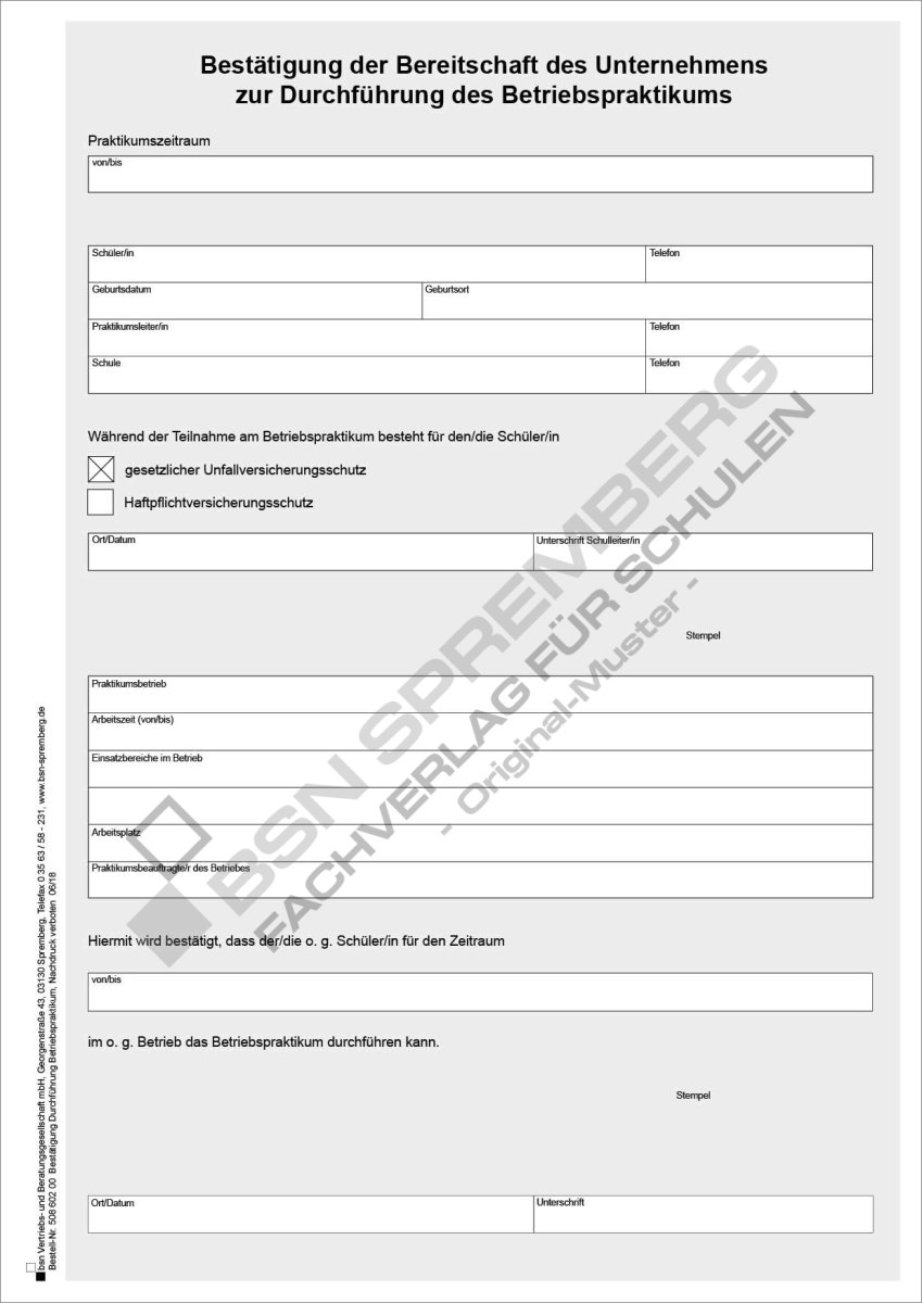 Bestätigung der Bereitschaft des Unternehmens zum Betriebspraktikum,