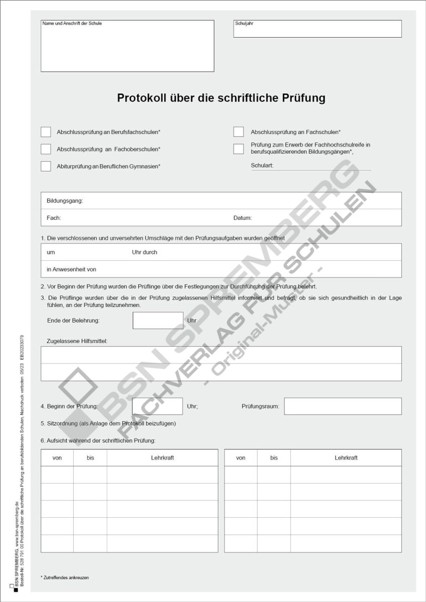 Protokoll über die schriftliche Prüfung
