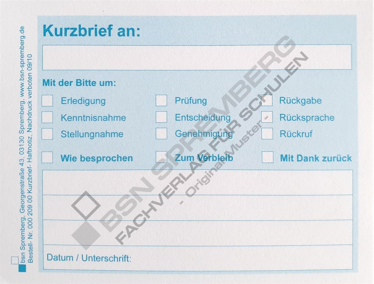 Kurzbrief, Haftnotizzettel, DIN A7, Block mit 50 Blatt - BSN SPREMBER