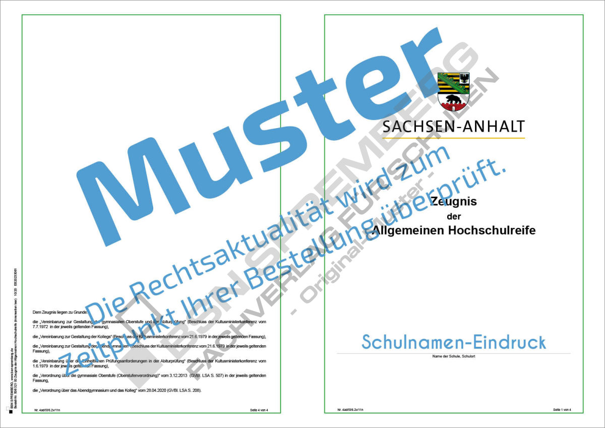 Zeugnis der Allgemeinen Hochschulreife, innen leer, mit Eindruck des