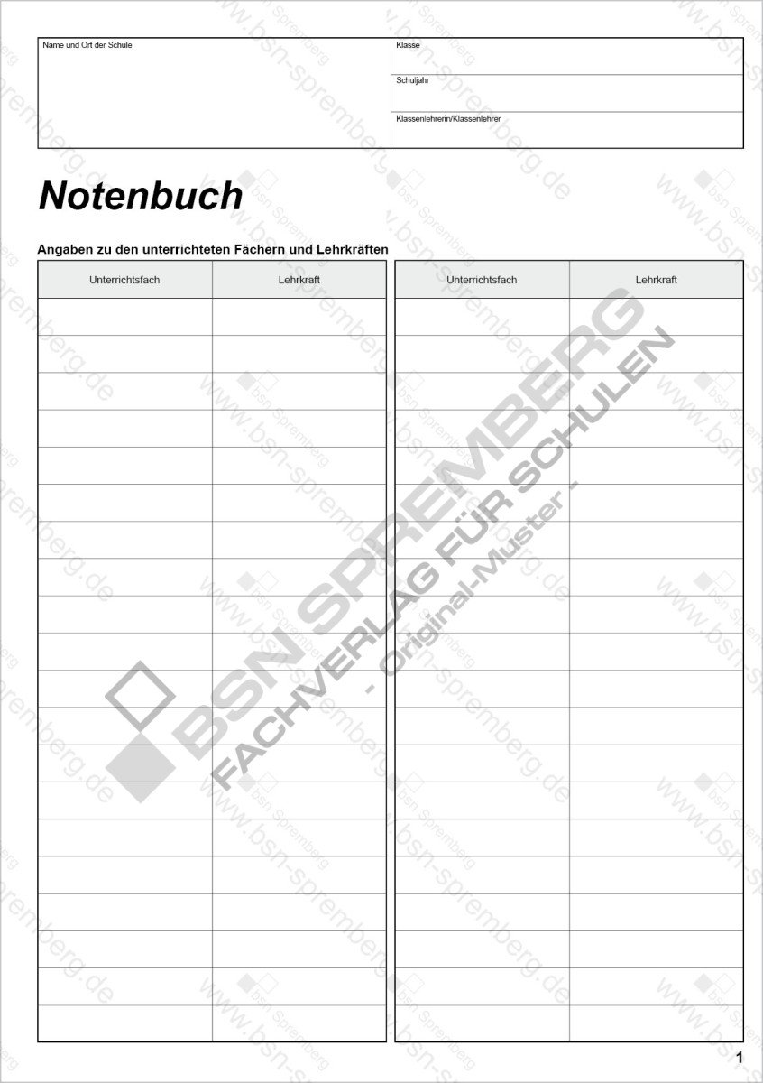 Amtliches Notenbuch für den Freistaat Sachsen, für 21 Fächer, mit Kop