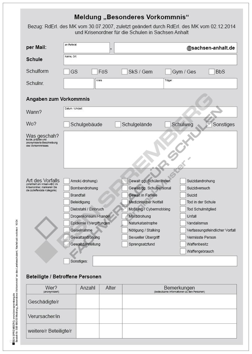 Meldung "Besonderes Vorkommnis", Sachsen-Anhalt - BSN SPREMBERG - Fac