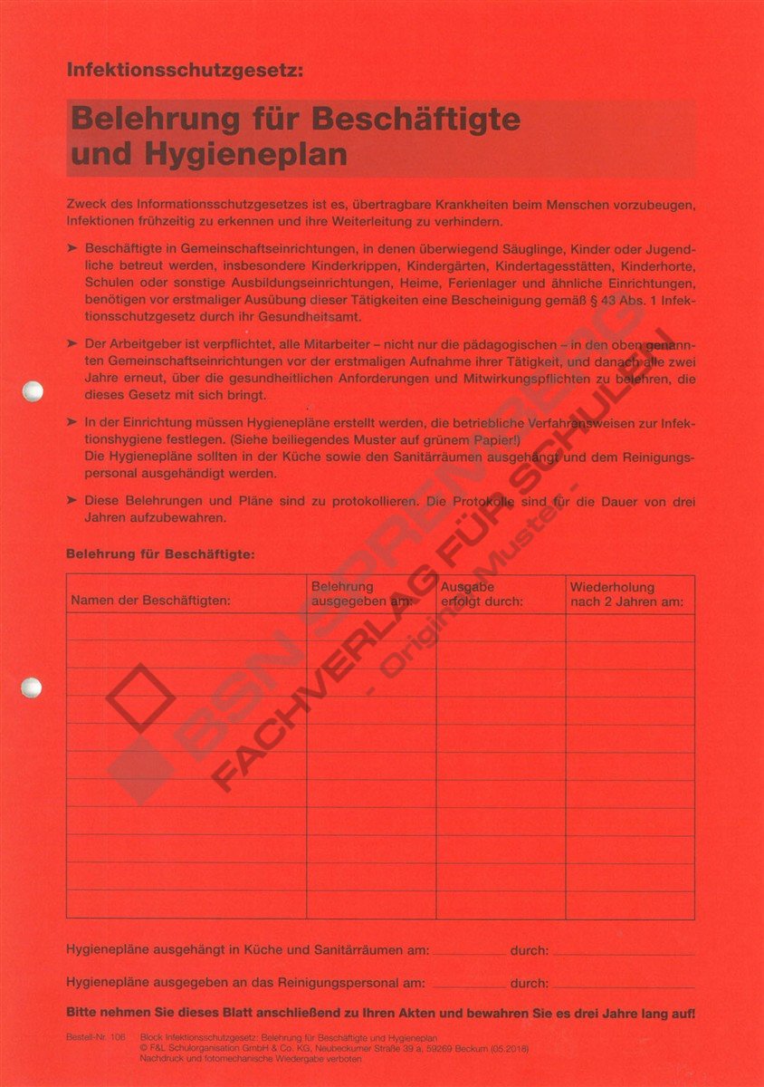 Infektionsschutzgesetz - Belehrung für Beschäftigte und Hygieneplan