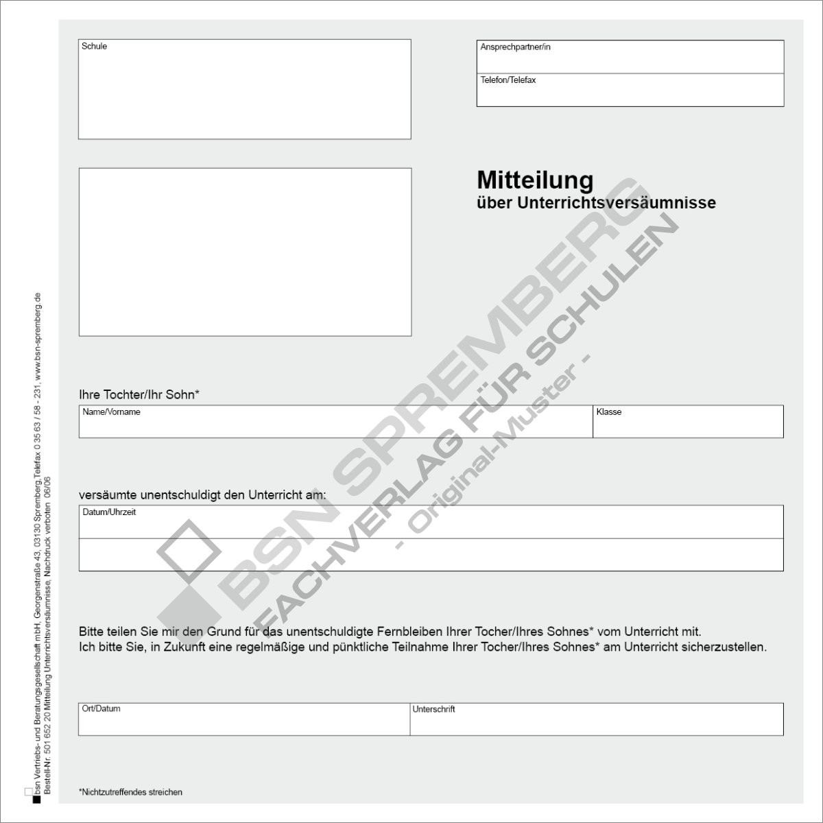 Mitteilung Unterrichtsversäumnisse - 50165220 - BSN SPREMBERG - Fachv